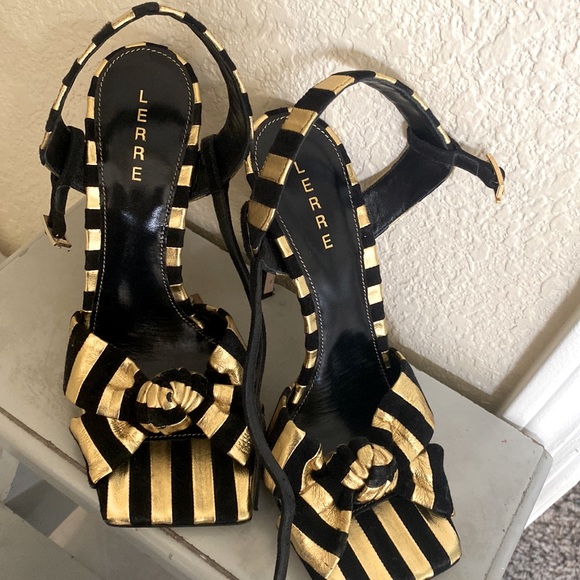 lerre | Shoes | Lerre Stripped Gold And Black Heel Size 39 | Poshmark